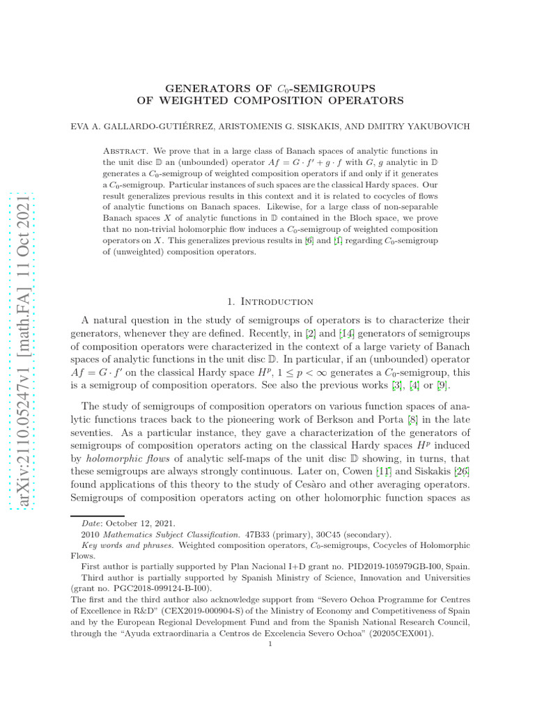 Generators of C0-Semigroups of Weighted Composition Operators) - Gallardo-Gutiérrez, E. A ...