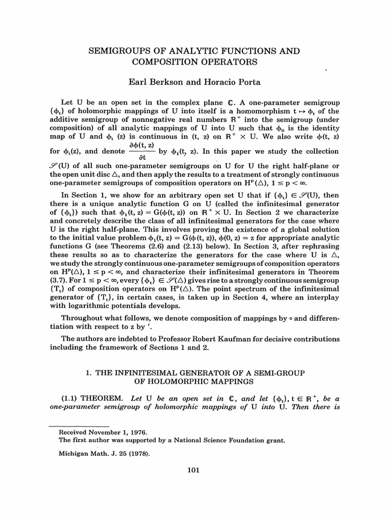 1. Berkson, E., And Porta, H., Semigroups of Analytic Functions and Composition Operators ...