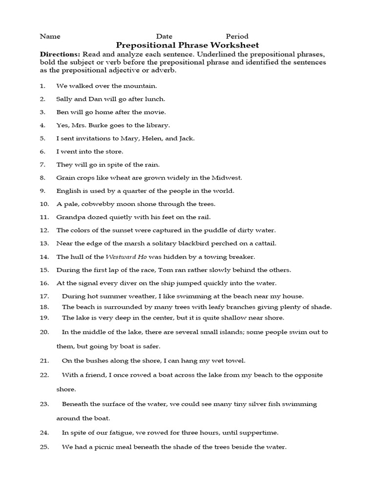 Prepositional Phrase Worksheet Review | PDF