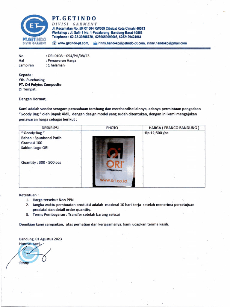 Goody Bag Spunbond PT ORI 094 | PDF