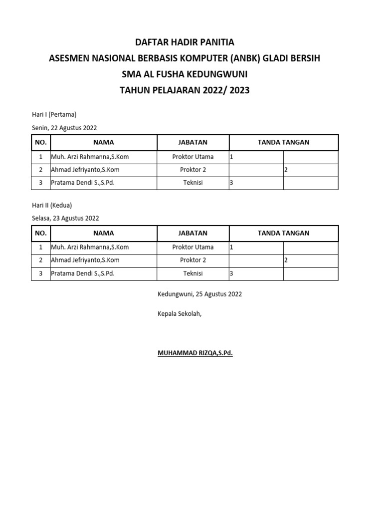 Daftar Hadir Gladi Anbk | PDF