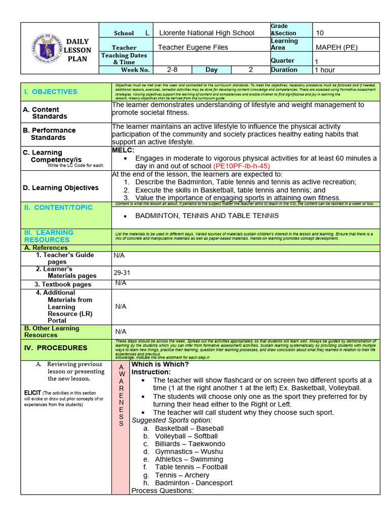 Q1 COT LESSON PLAN FOR MAPEH 10 PHYSICAL EDUCATION (Active Recreation ...