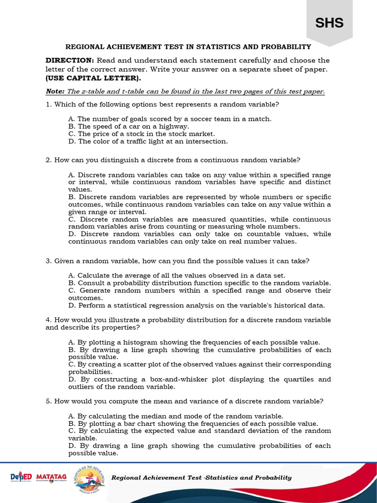 Regional Achievement Test: Statistics & Probability | PDF | Variance ...