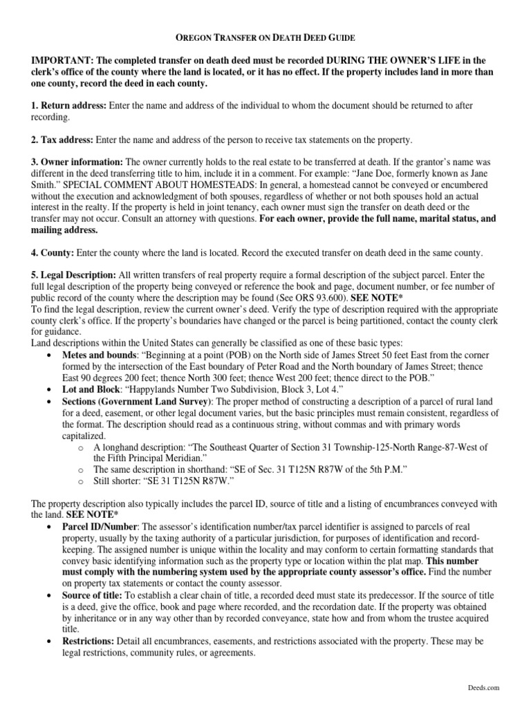 Oregon Transfer On Death Deed Guide | PDF | Land Lot | Deed