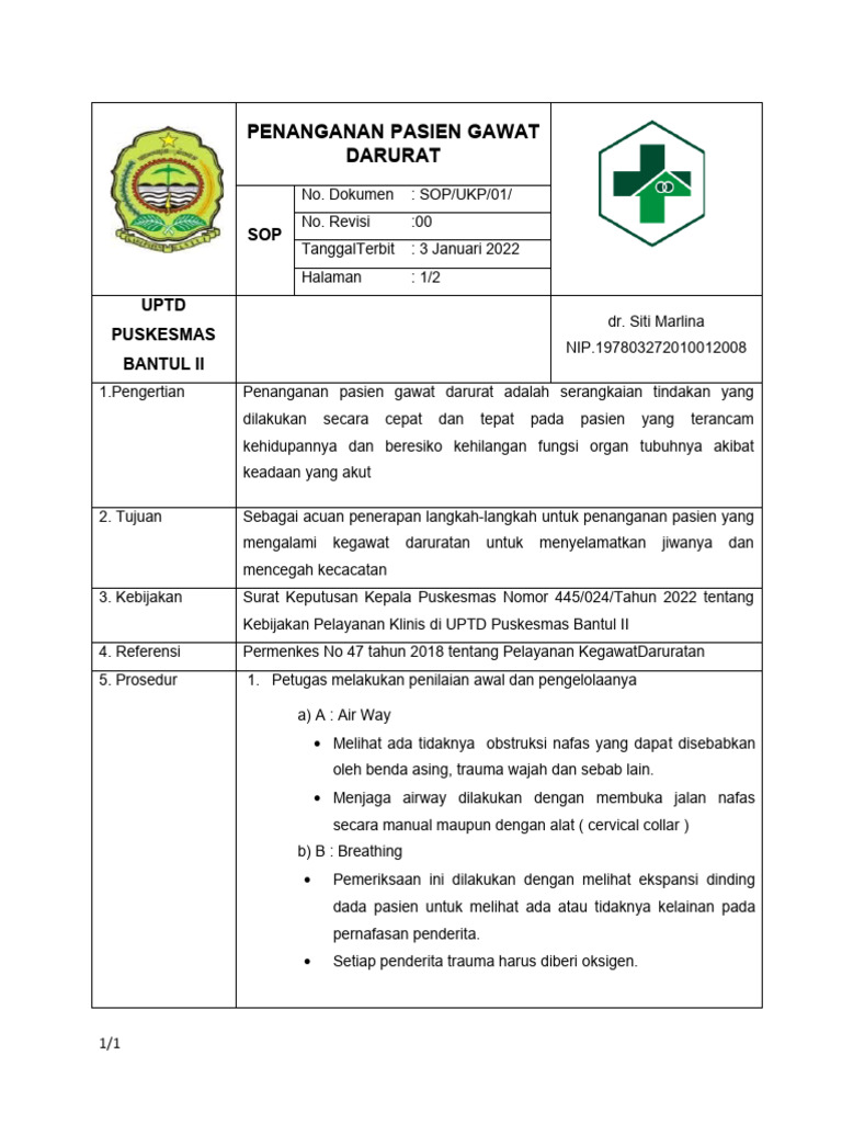 SOP Penanganan Pasien Gawat Darurat | PDF | Pengembangan Diri | Sains & Matematika