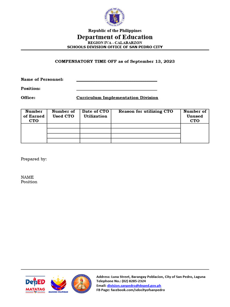Compensatory Time Off Form - DepEd San Pedro | PDF