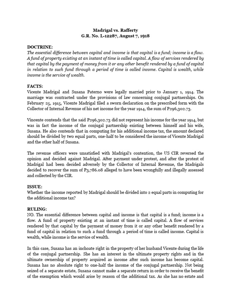 Madrigal vs. Rafferty G.R. No. L-12287, August 7, 1918 | PDF | Taxes | Property