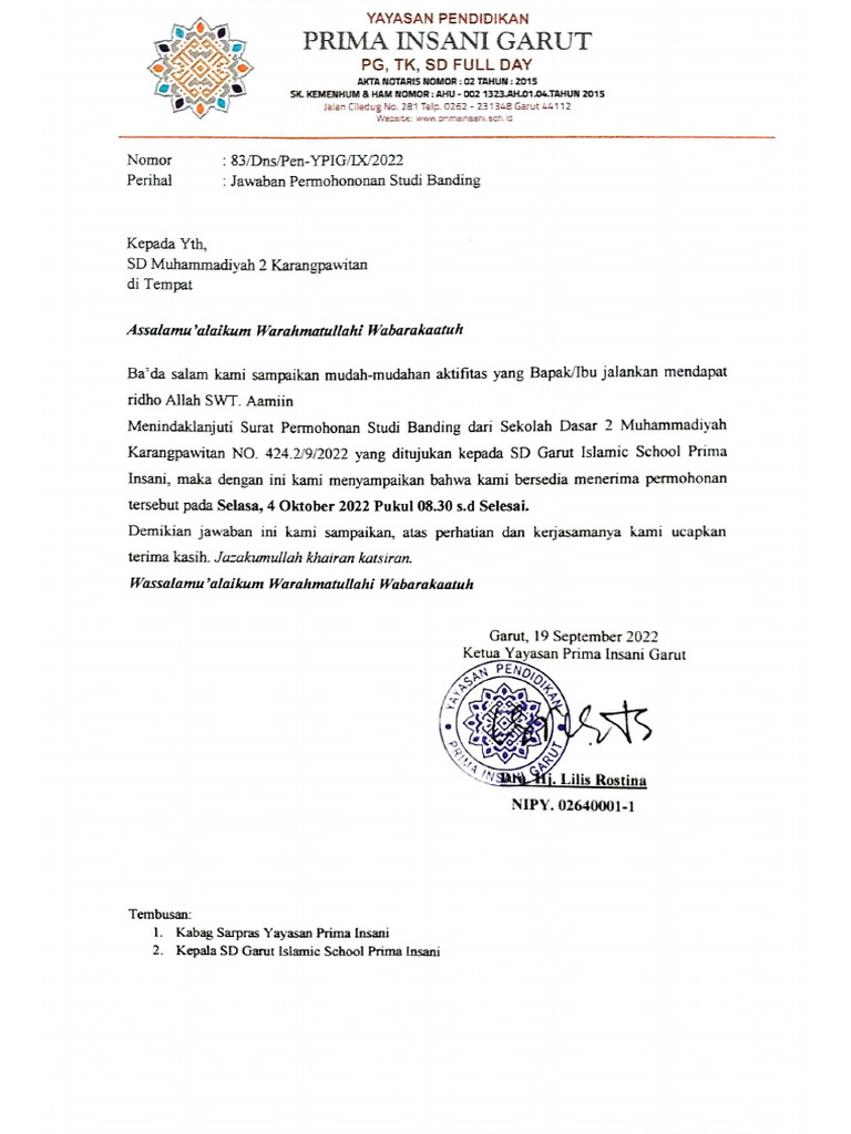 Contoh Surat Jawaban Permohonan Studi Banding | PDF