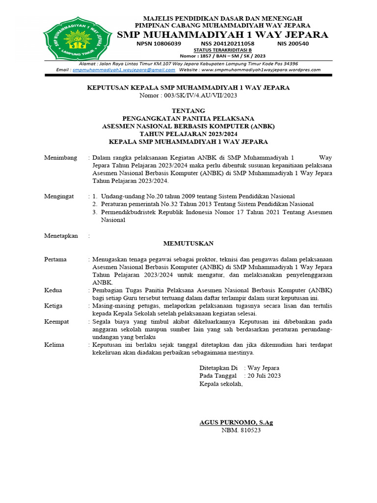 Pengangkatan Panitia ANBK 2023 | PDF