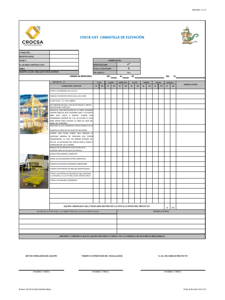 Check-Lists de Canastillas de Elevacion 2019 | PDF