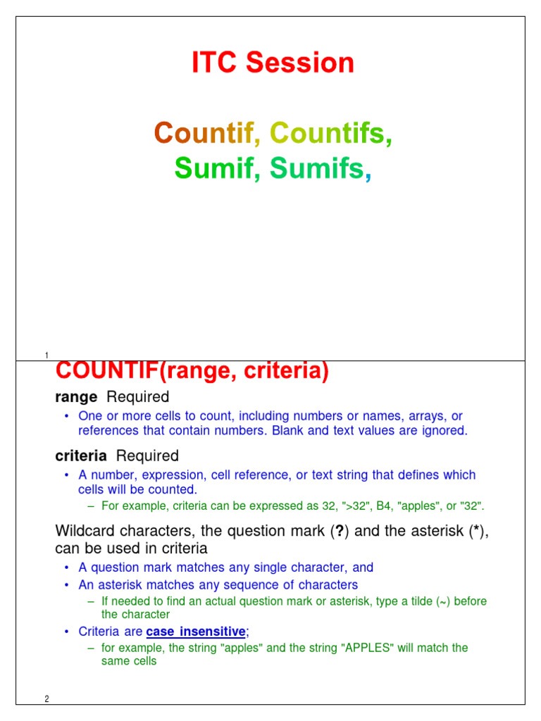On Countif Countifs Sumif Sumifs Pdf Numbers String Computer Science
