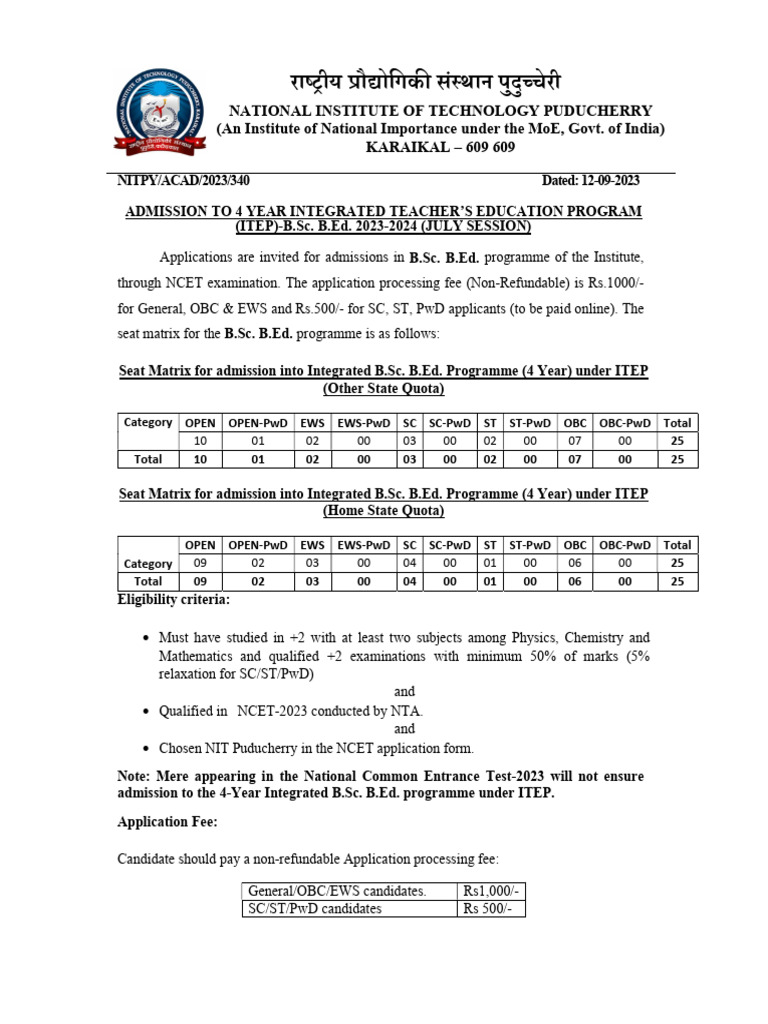 NIT Puducherry B.Sc. B.Ed. Admission 2023 | PDF | Business