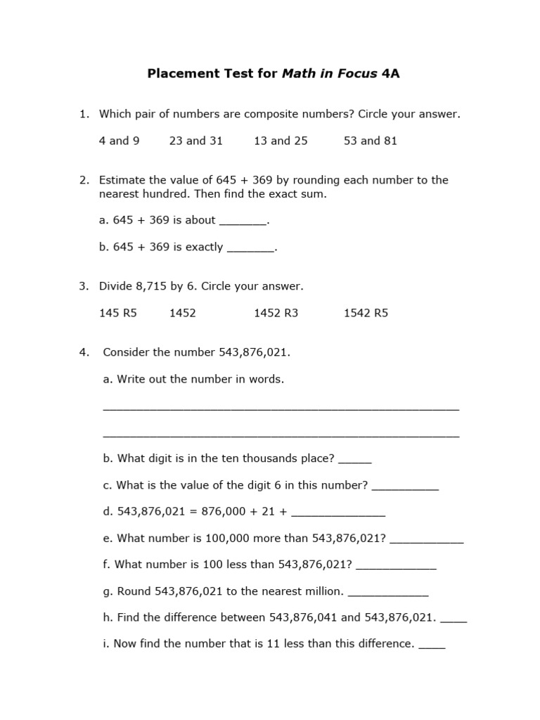 Math in Focus 4A Worksheet | PDF | Numbers | Arithmetic