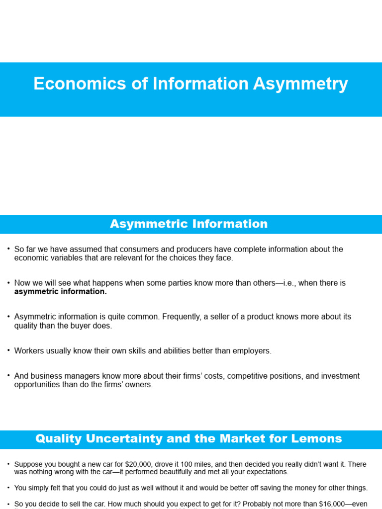 Lecture 19 - 20 - Economics of Information Asymmetry | PDF | Adverse ...