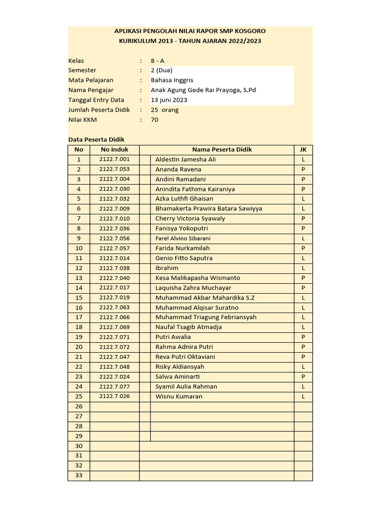 Nilai Rapor Bahasa Inggris Kelas 8-A | PDF