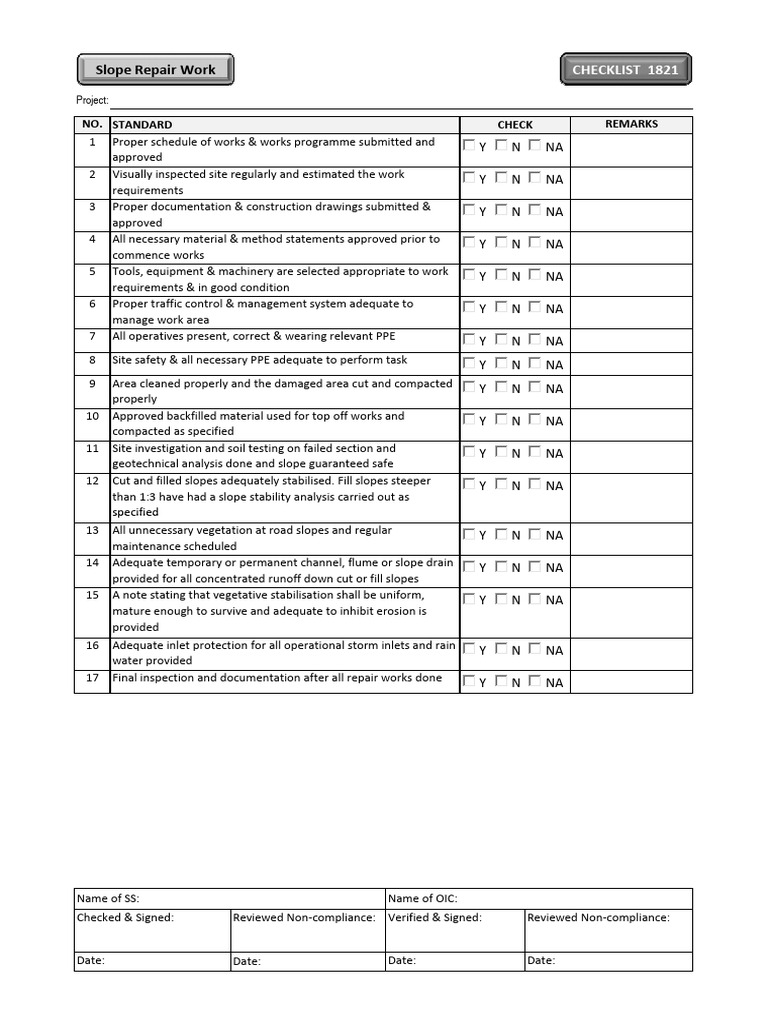 Slope Repair Inspection Checklist | PDF | Earth Sciences | Civil ...