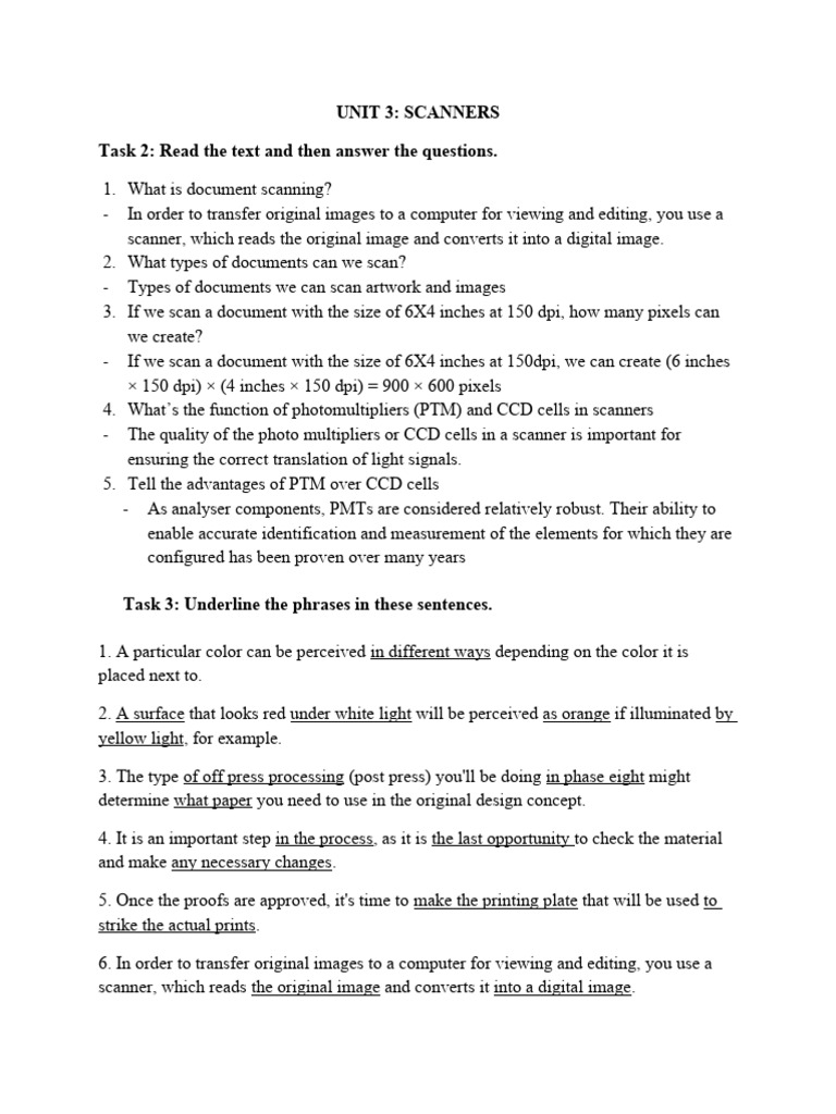 Unit 3: Scanners Task 2: Read The Text and Then Answer The Questions | PDF | Image Scanner | Imaging