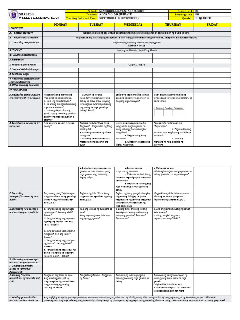 DLL - Esp 3 - Q1 - W2 | PDF