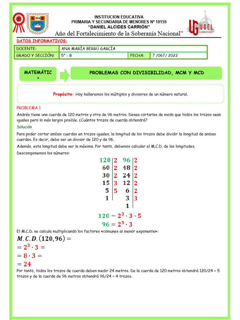 Act-Jueves-Matemát-Problemas Con Divisibilidad MCM y MCD | Descargar ...