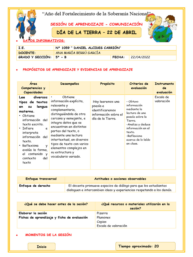 V-Ses-Fecha Cívica-Día de La Tierra | PDF | Evaluación | Aprendizaje