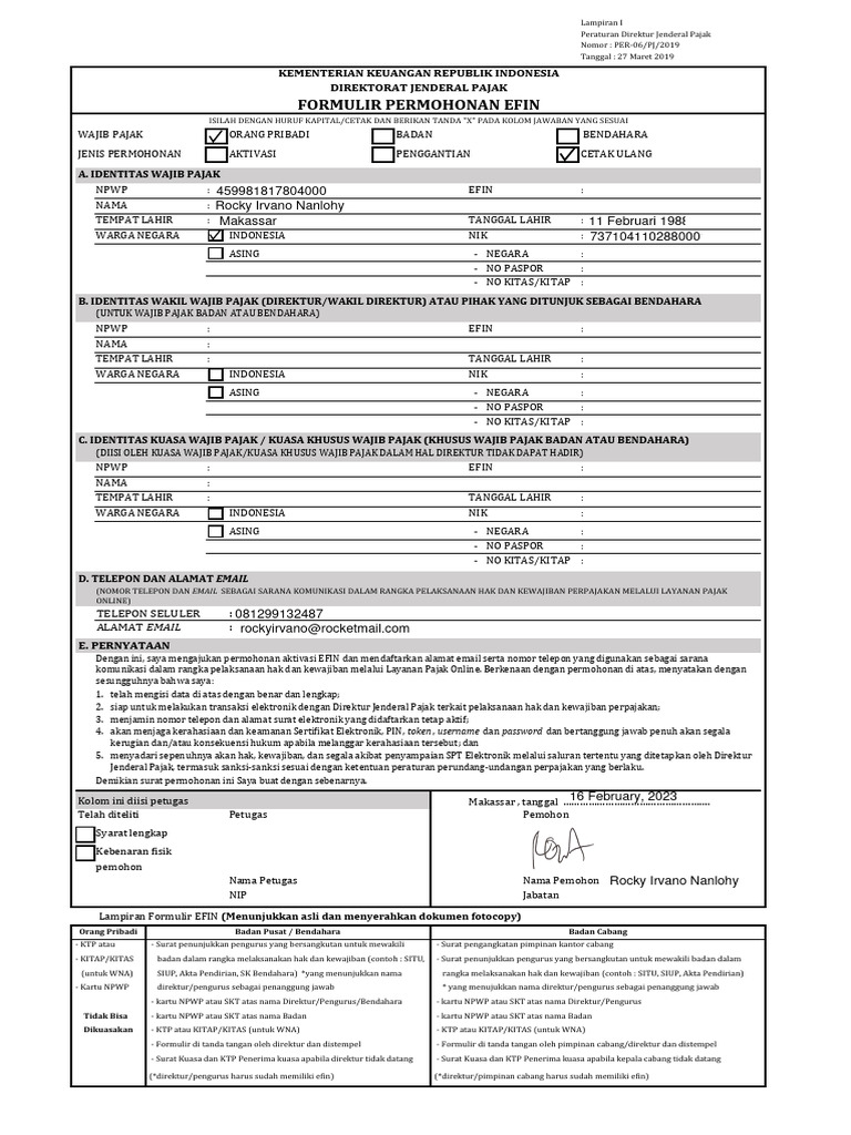 Formulir Permohonan EFIN Pajak | PDF