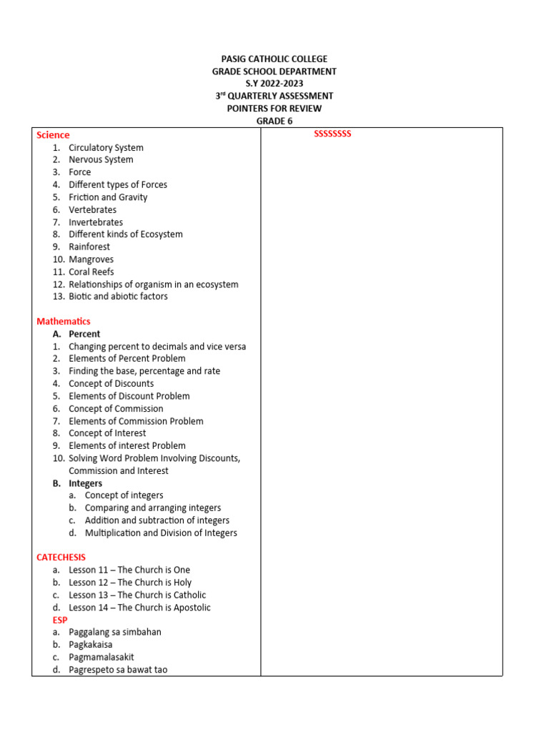 GRADE 6 POINTERS 3rd Quarterly Assessment | PDF | Arithmetic | Mathematics