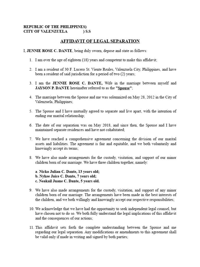 Affidavit of Legal Seperation | PDF | Affidavit | Marriage