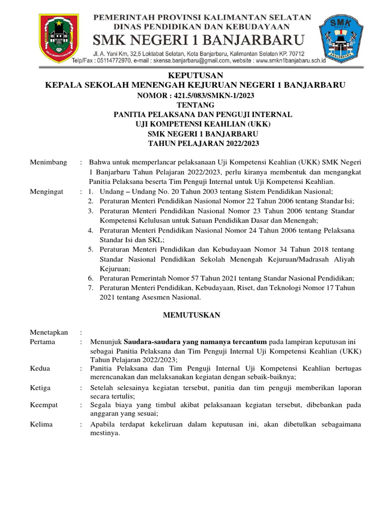 SK Panitia Dan Tim Penguji Internal UKK 2022-2023 | PDF