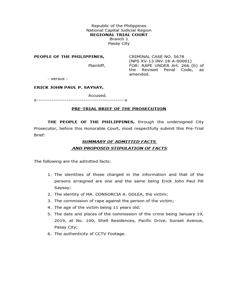 Pretrial Brief For The Prosecution | PDF | Prosecutor | Affidavit