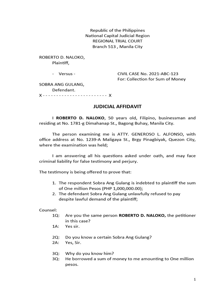 Judicial Affidavit (Sum of Money) | Download Free PDF | Affidavit | Perjury