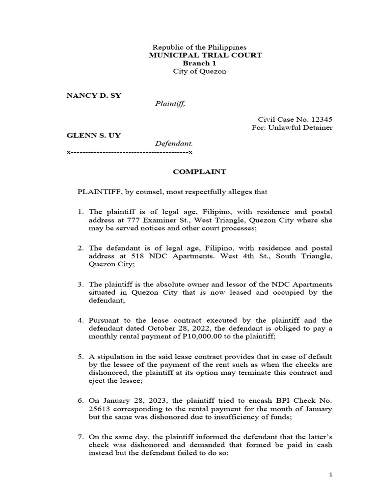 Complaint For Unlawful Detainer | PDF | Lease | Lawsuit