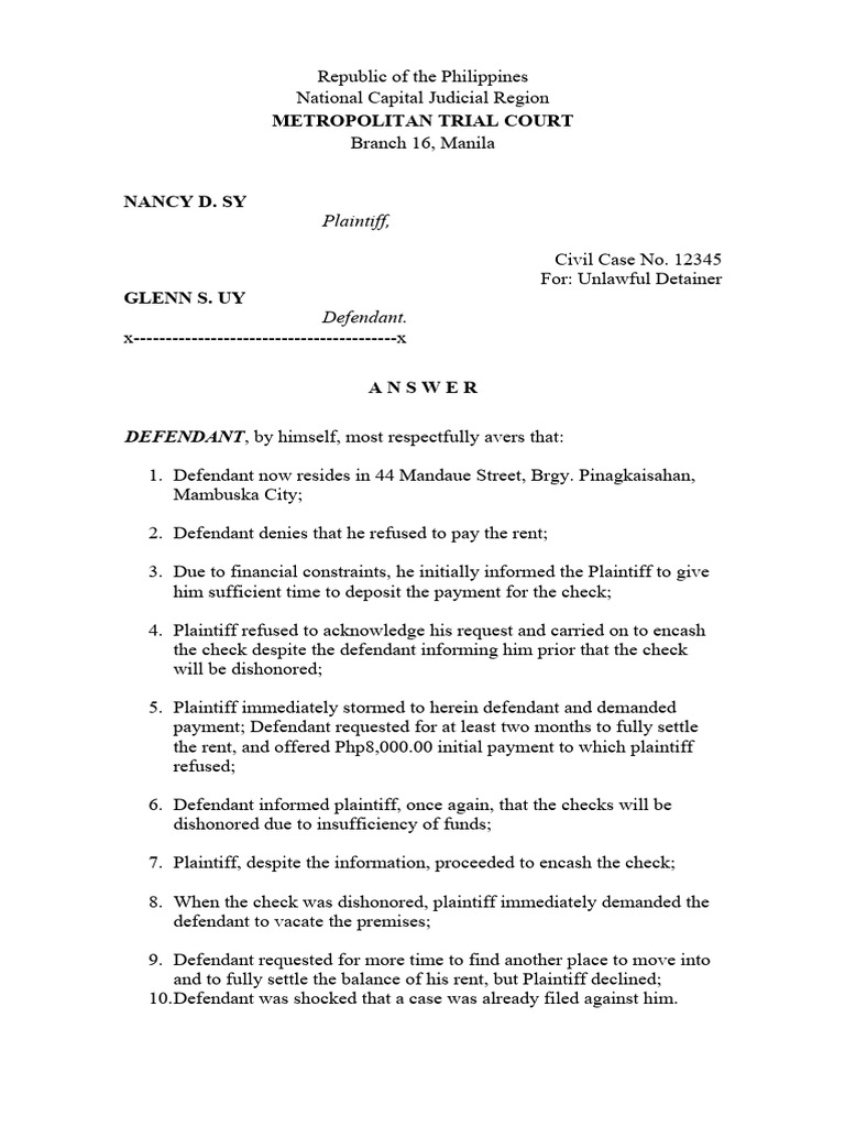 Answer To The Complaint For Unlawful Detainer | PDF | Lawsuit | Common Law