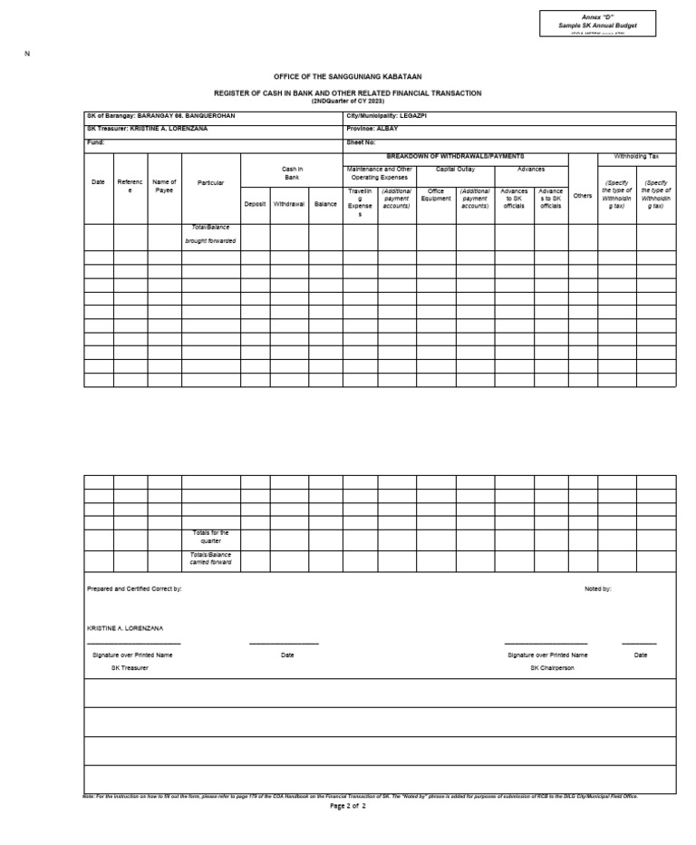SK MC - ANNEX D Sample Register of Cash in Bank RCB and Other Related ...