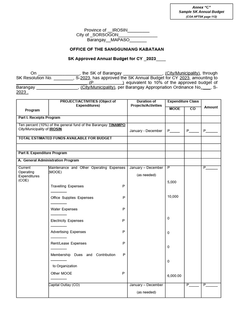 SK MC - ANNEX C SAMPLE SK Approved Annual Budget SKFPD Policy Template ...