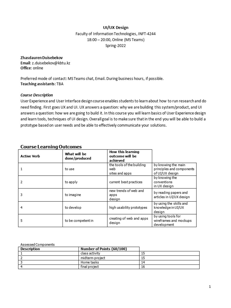UI UX Design Syllabus Spring2022 | PDF | User Interface Design | Web Design