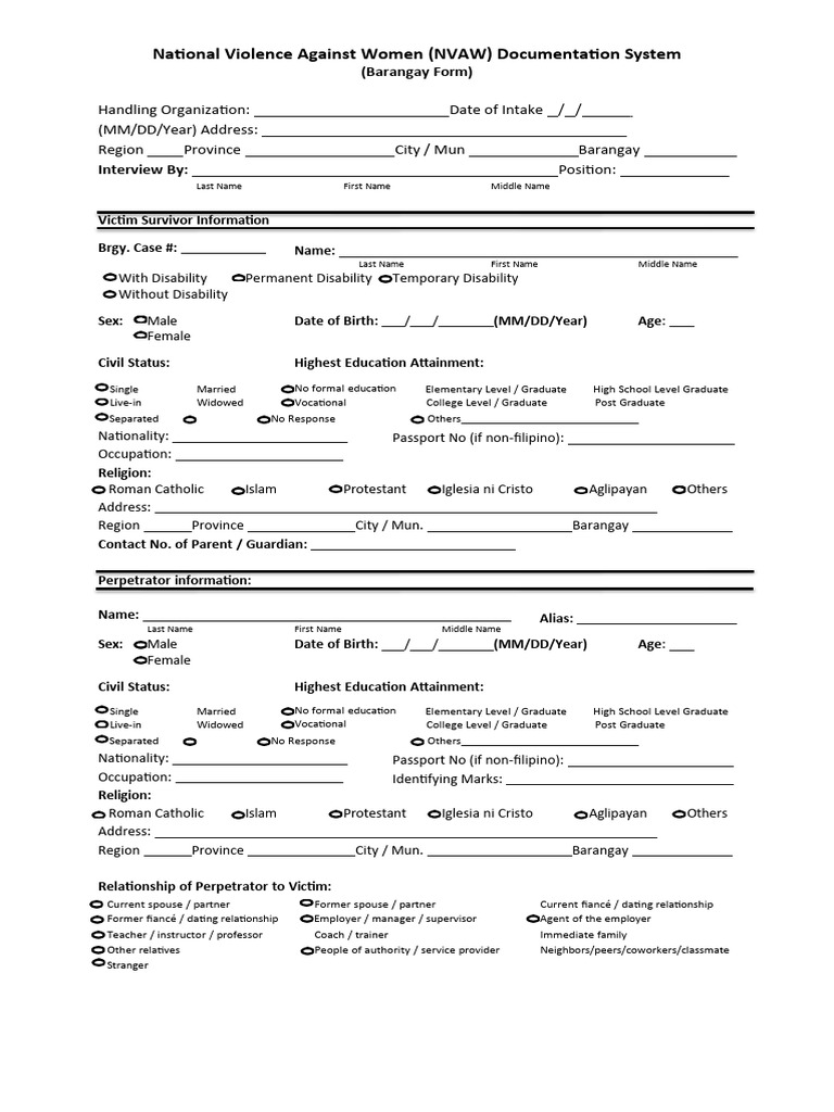 VAWC-Intake Sheet | PDF | Human Sexuality | Mammalian Sexuality