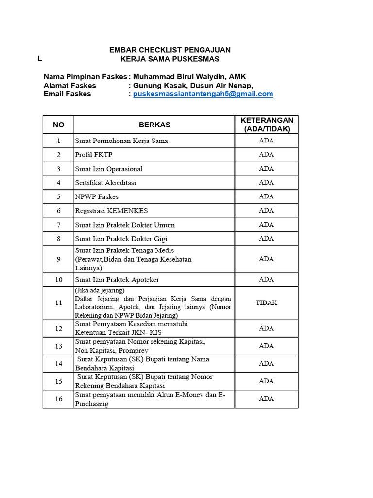 Lembar Checklist Pengajuan Kerja Sama Puskesmas | PDF