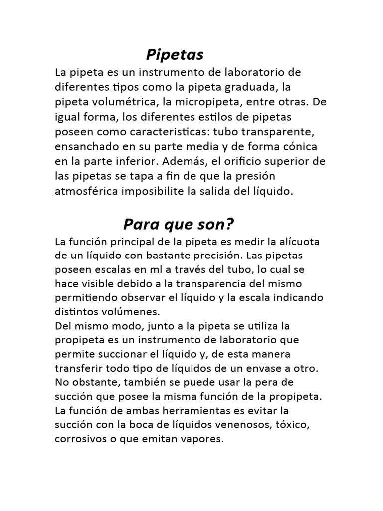 Tipos y funciones de pipetas de laboratorio | PDF | Laboratorios | Química