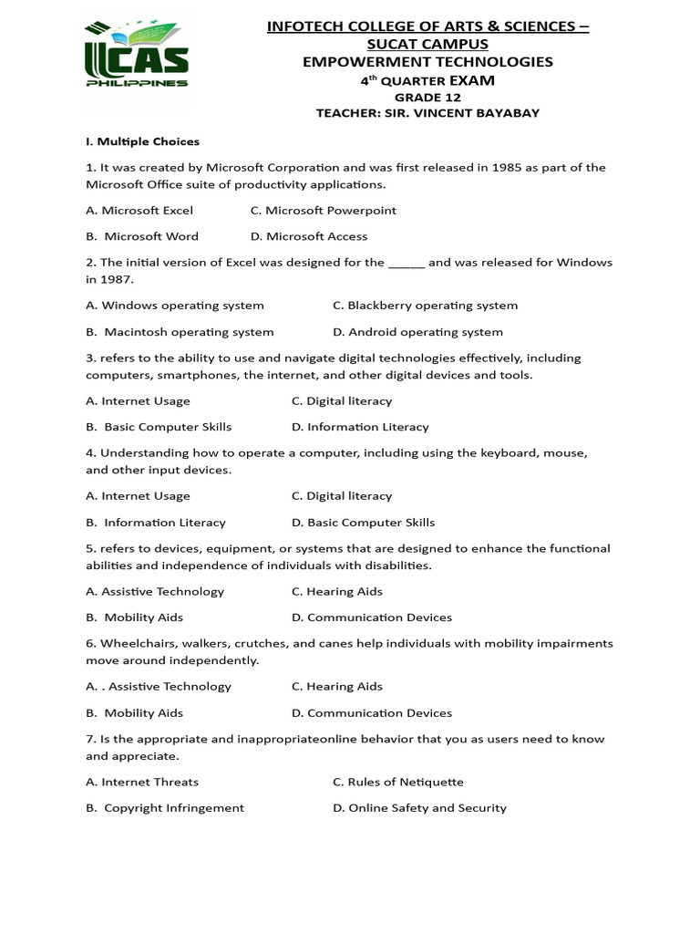 Emp. Tech 4th Quarter EXAM | PDF | Internet | Operating System