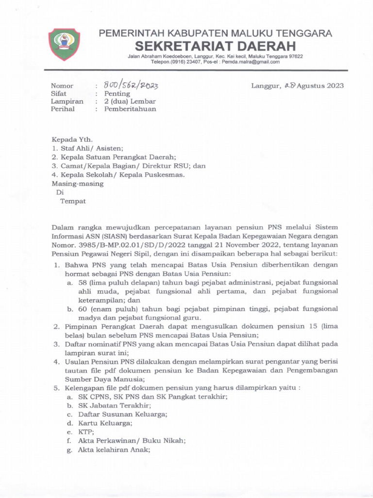 Pemberitahuan Pensiun Bup Malra 2024 | PDF