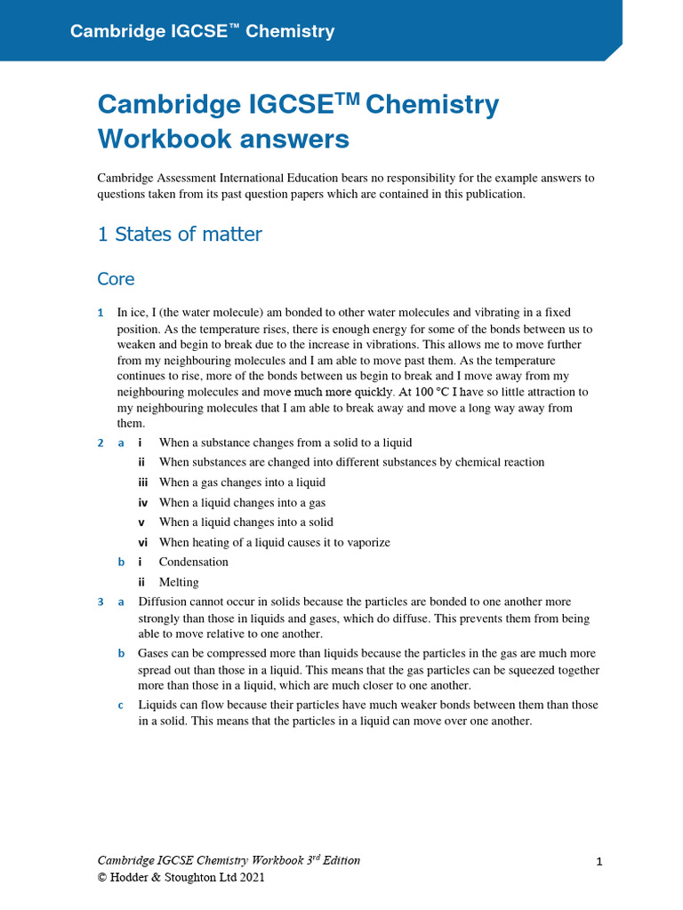 Cambridge IGCSE Chemistry ANSWERS Workbook Third Edition | PDF | Ion ...