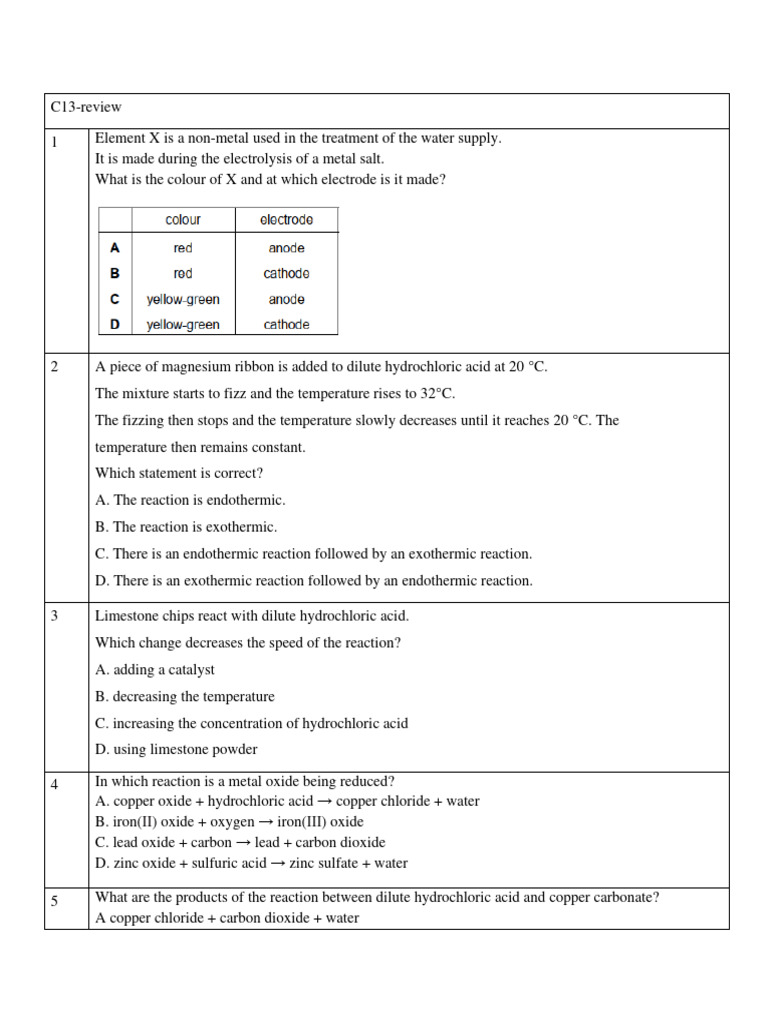 IGCSELesson C13 Exercises - Review | PDF | Chlorine | Chemical Reactions