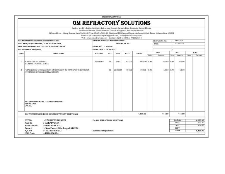 Brahans Polymers PVT LTD Proforma Invoice WK Castables | PDF ...