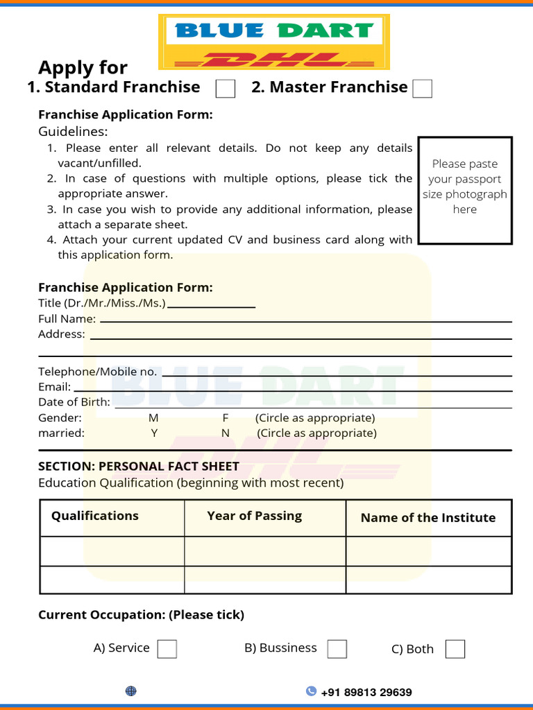 Bluedart DHL Franchise Application Form. | PDF | Partnership | Business
