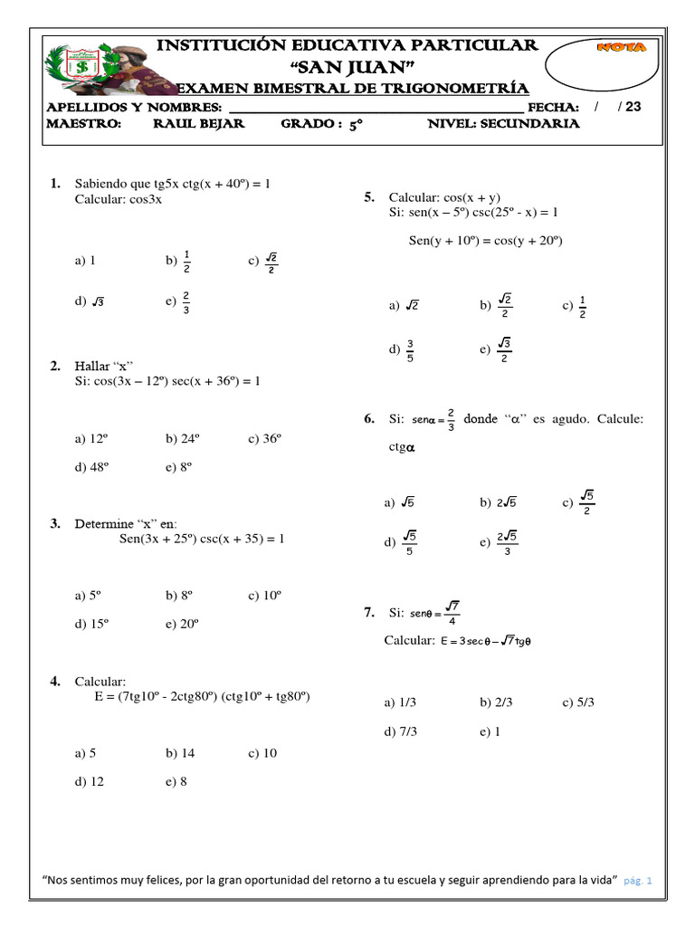 Examen Bimestral Trigonometria 5TO San Juan | PDF