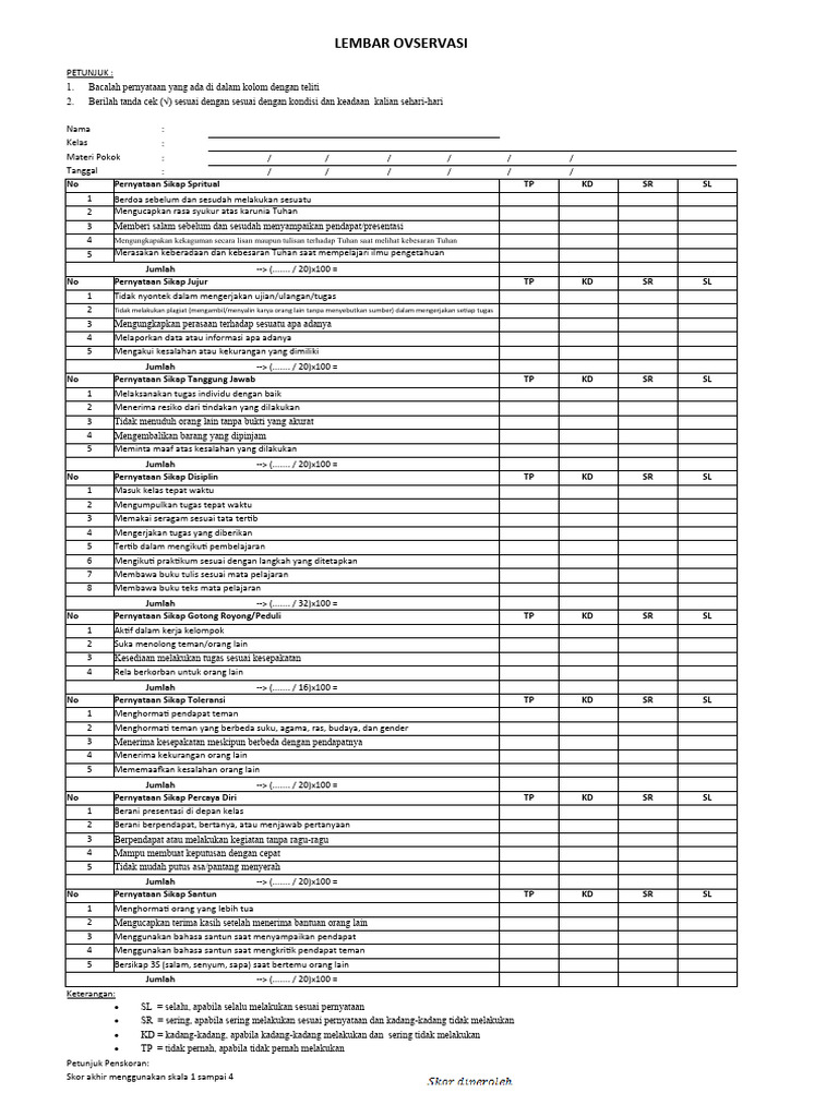 Lembar Observasi Sikap Siswa | PDF