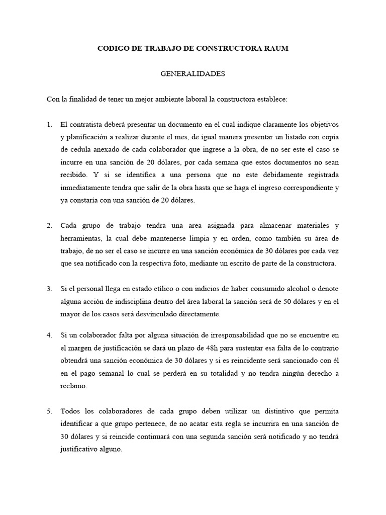 Codigo de Trabajo de La Constructora Raum | PDF