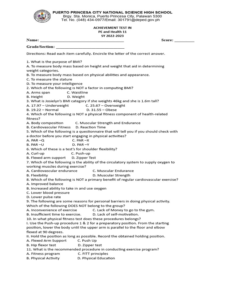 PE and Health 11 Achievement Test | PDF | Physical Fitness | Body Mass ...