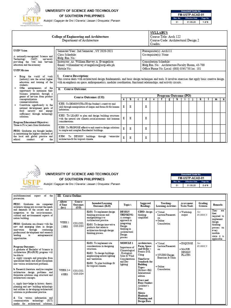 Architectural Design 2 Syllabus USTP | PDF | Design | Architect