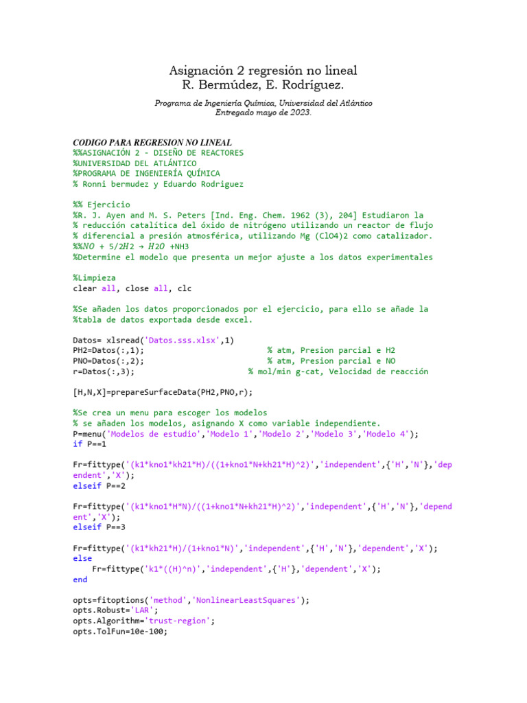 Código Matlab Asig#2 | PDF | Procesos unitarios | Ingeniería de Procesos